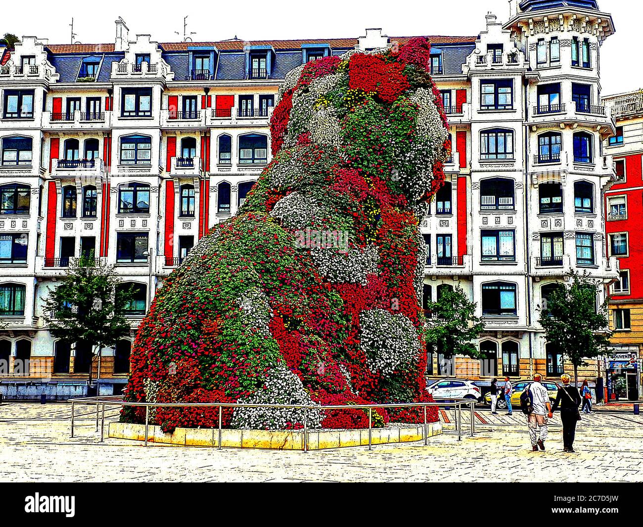 Horizontal shot of the Bilbao puppy statue in front of Guggenheim ...
