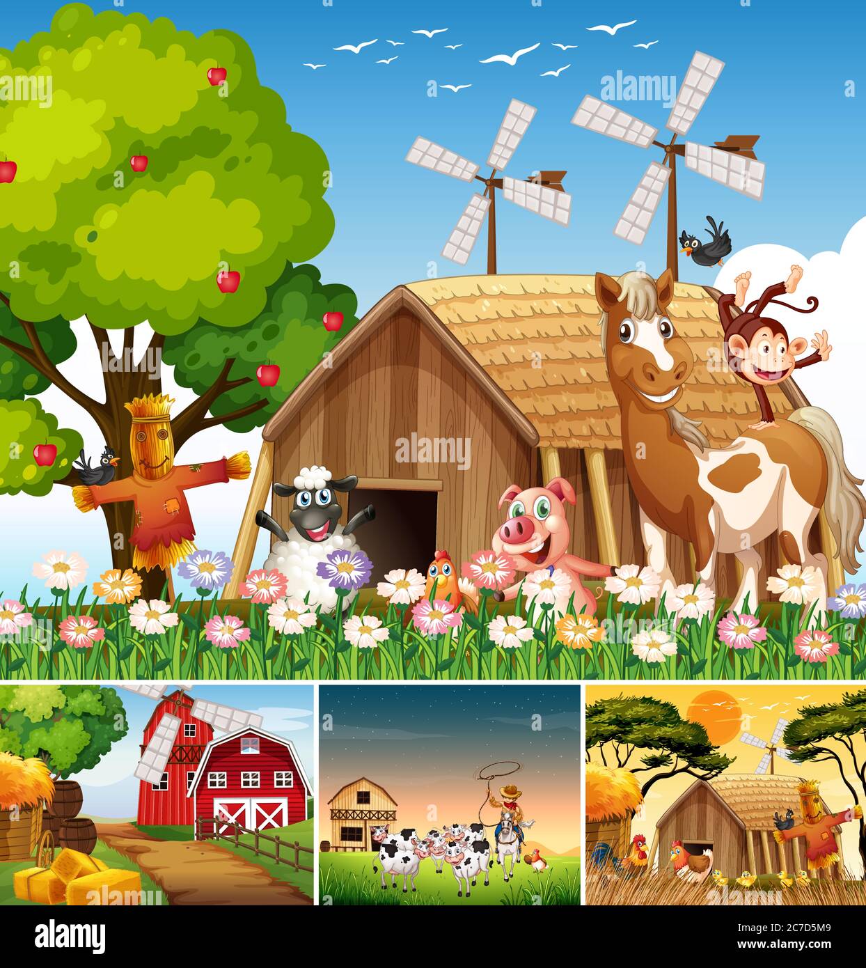 Set of different farm scenes with animal farm cartoon style ...