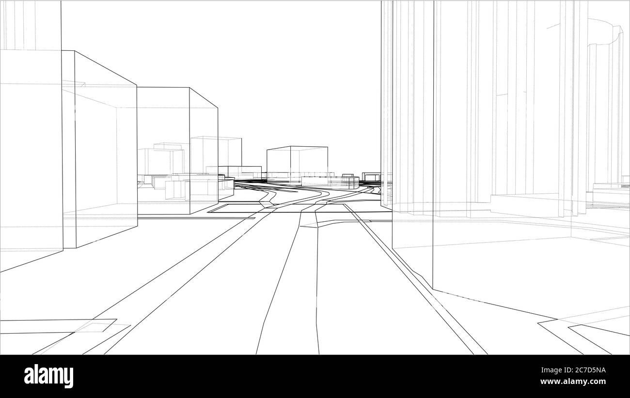 Sketch of 3D city with buildings and roads Stock Photo - Alamy