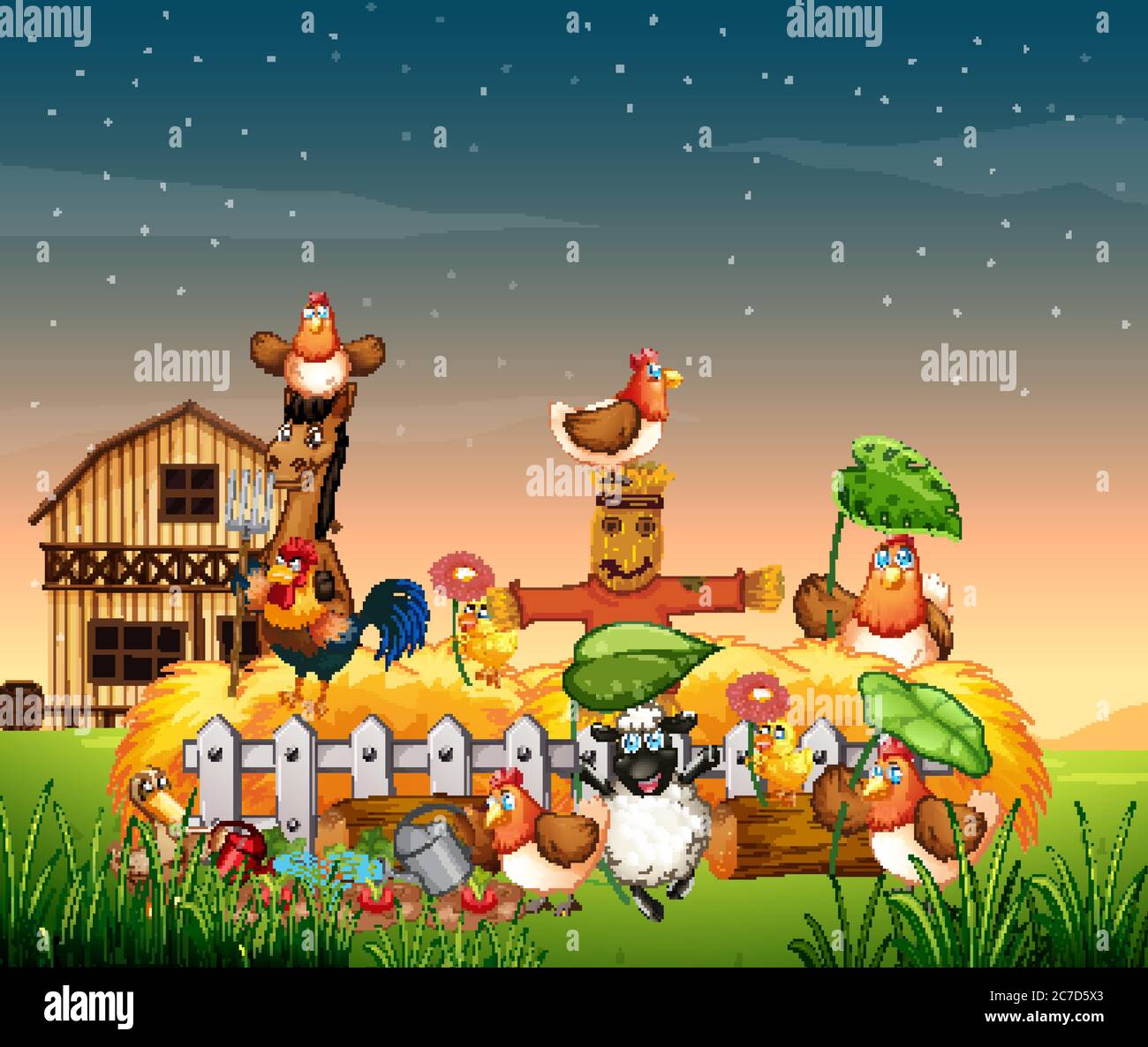 Farm scene with animal farm cartoon style illustration Stock Vector ...