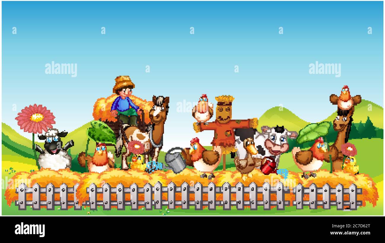 Farm scene with animal farm cartoon style illustration Stock Vector ...