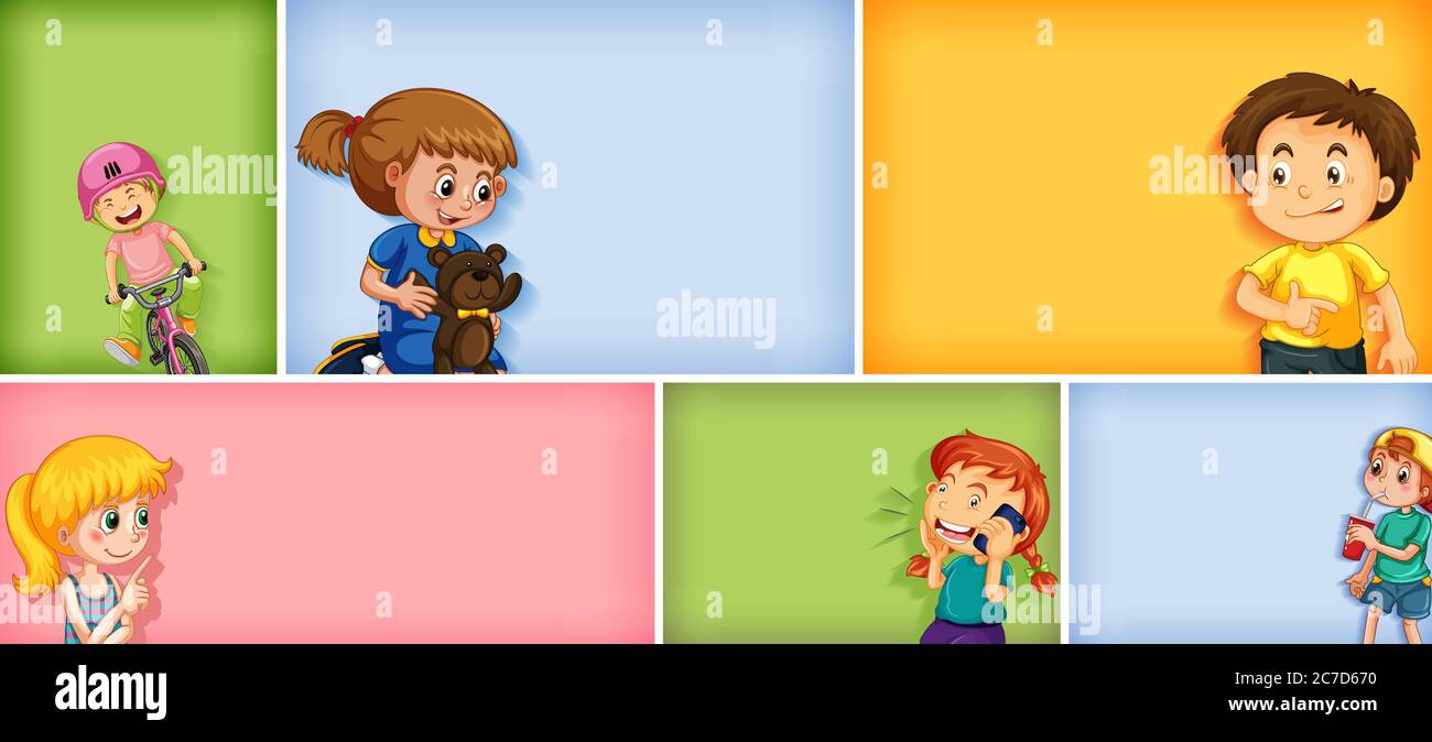 Set of different kid characters on different color background ...