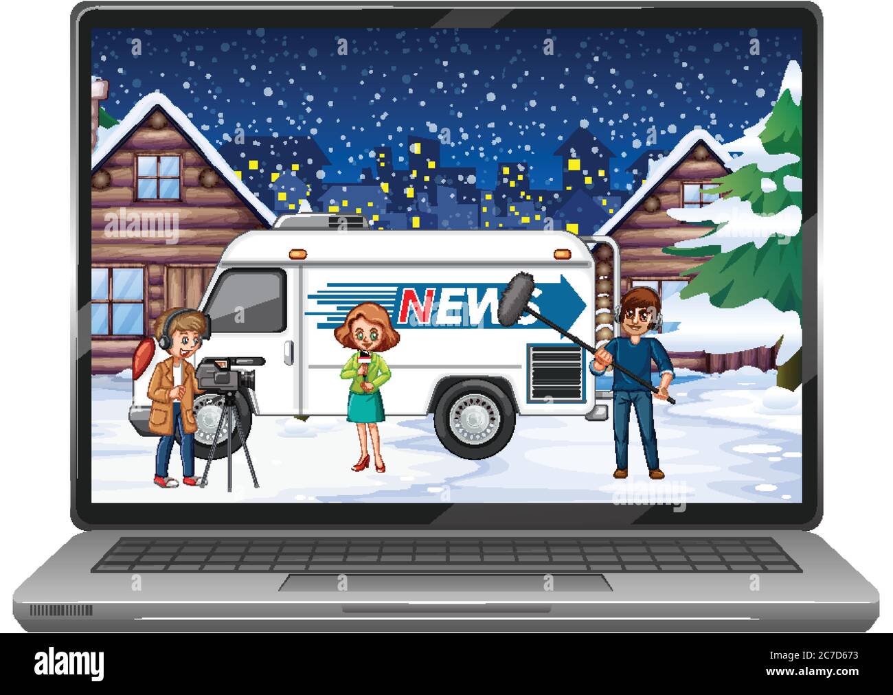 Announcer reporting weather forecast news on laptop screen illustration ...