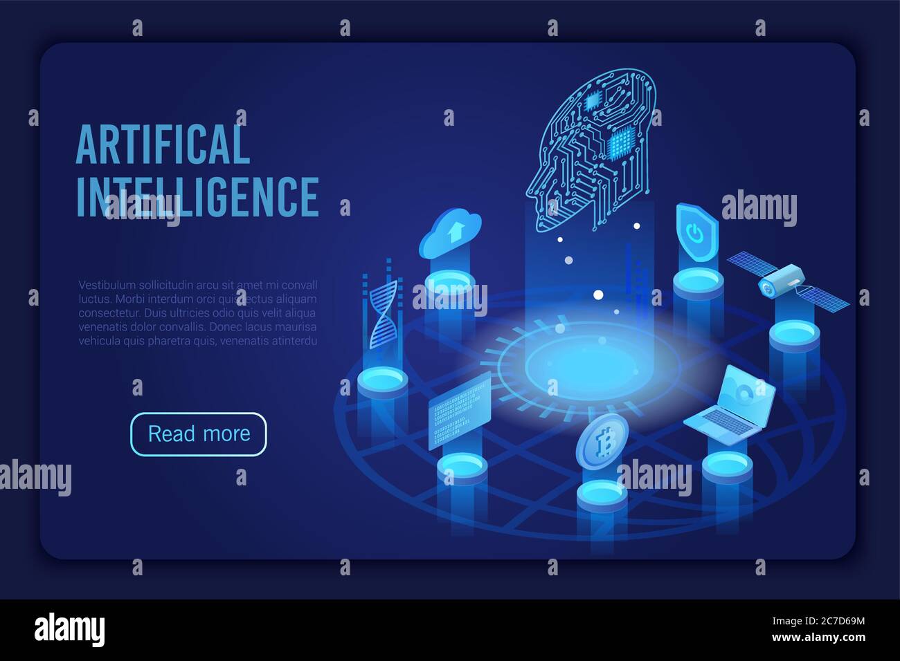 Artificial intelligence dark neon light landing page isometric vector template. Futuristic ...