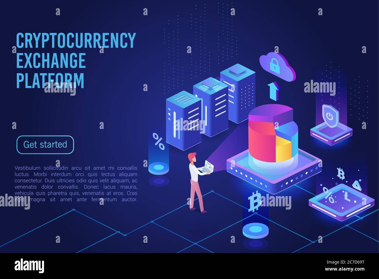 Cryptocurrency exchange platform dark ultraviolet light landing page vector template. Bitcoin ...