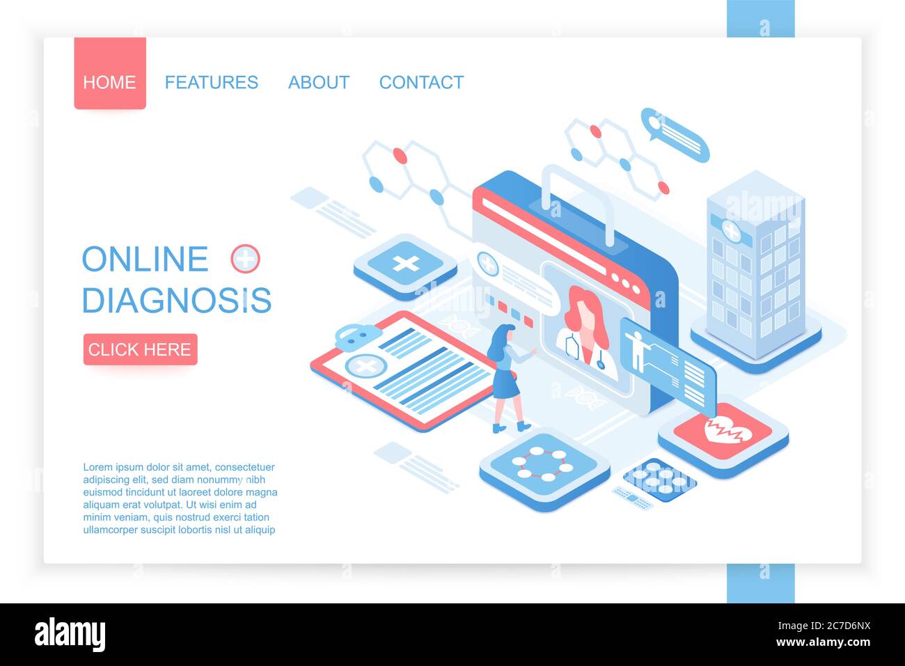 Online diagnosis isometric landing page vector template. Online doctor ...