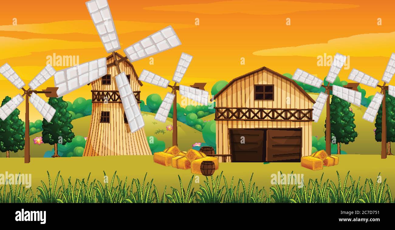Farm scene in nature with barn and windmill illustration Stock Vector ...