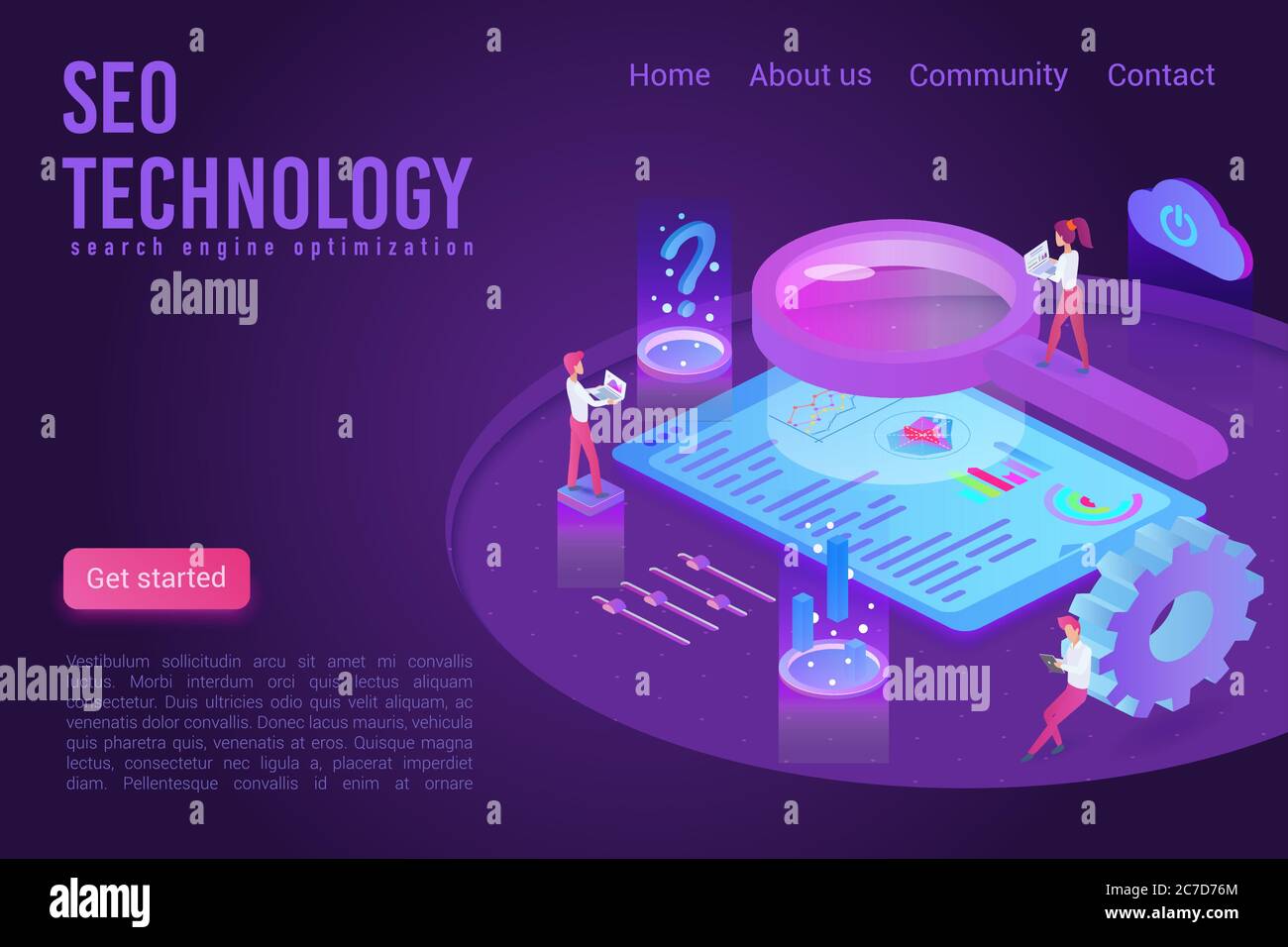 SEO technology dark violet neon light landing page isometric vector template. Analysts team ...