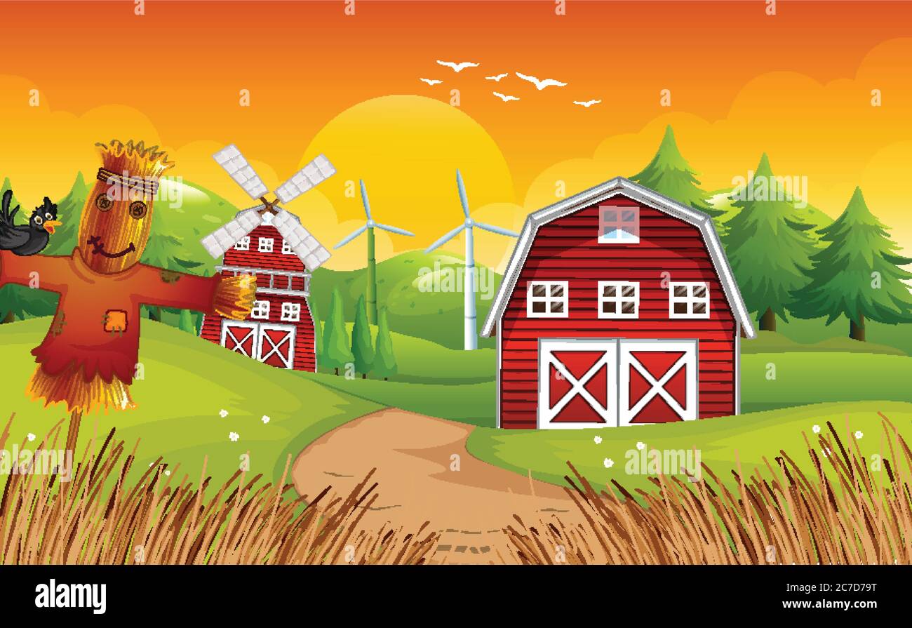 Farm scene in nature with barn and windmill illustration Stock Vector ...