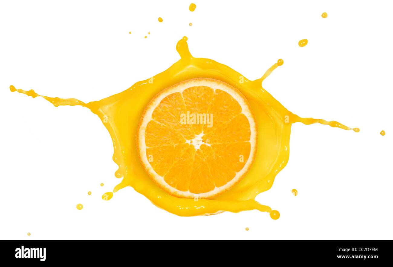 orange slice inside a juice splash isolated on white Stock Photo - Alamy