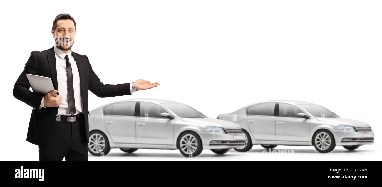 Salesman representative showing a car showroom isolated on white ...