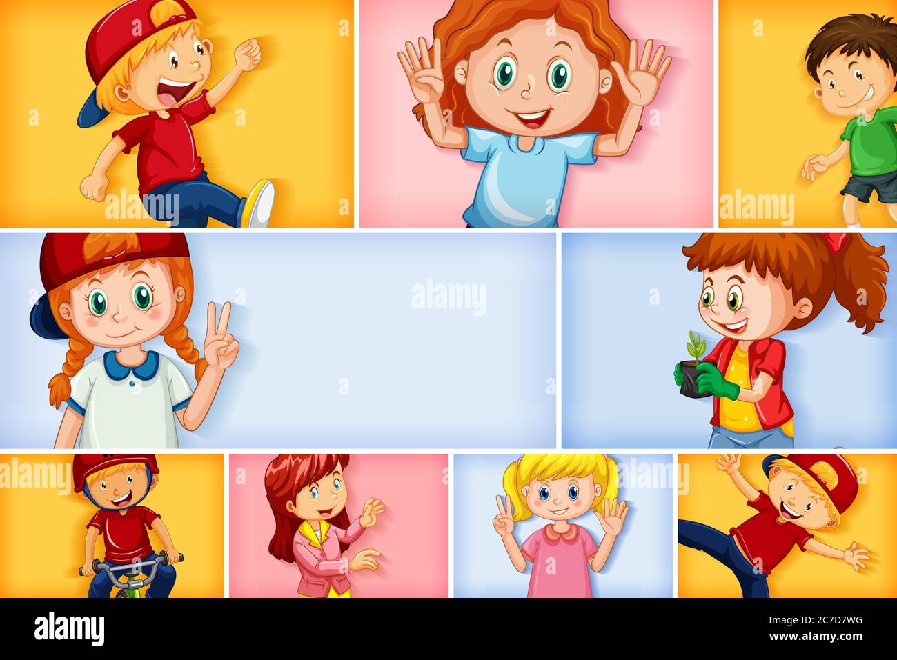 Set of different kid characters on different color background ...