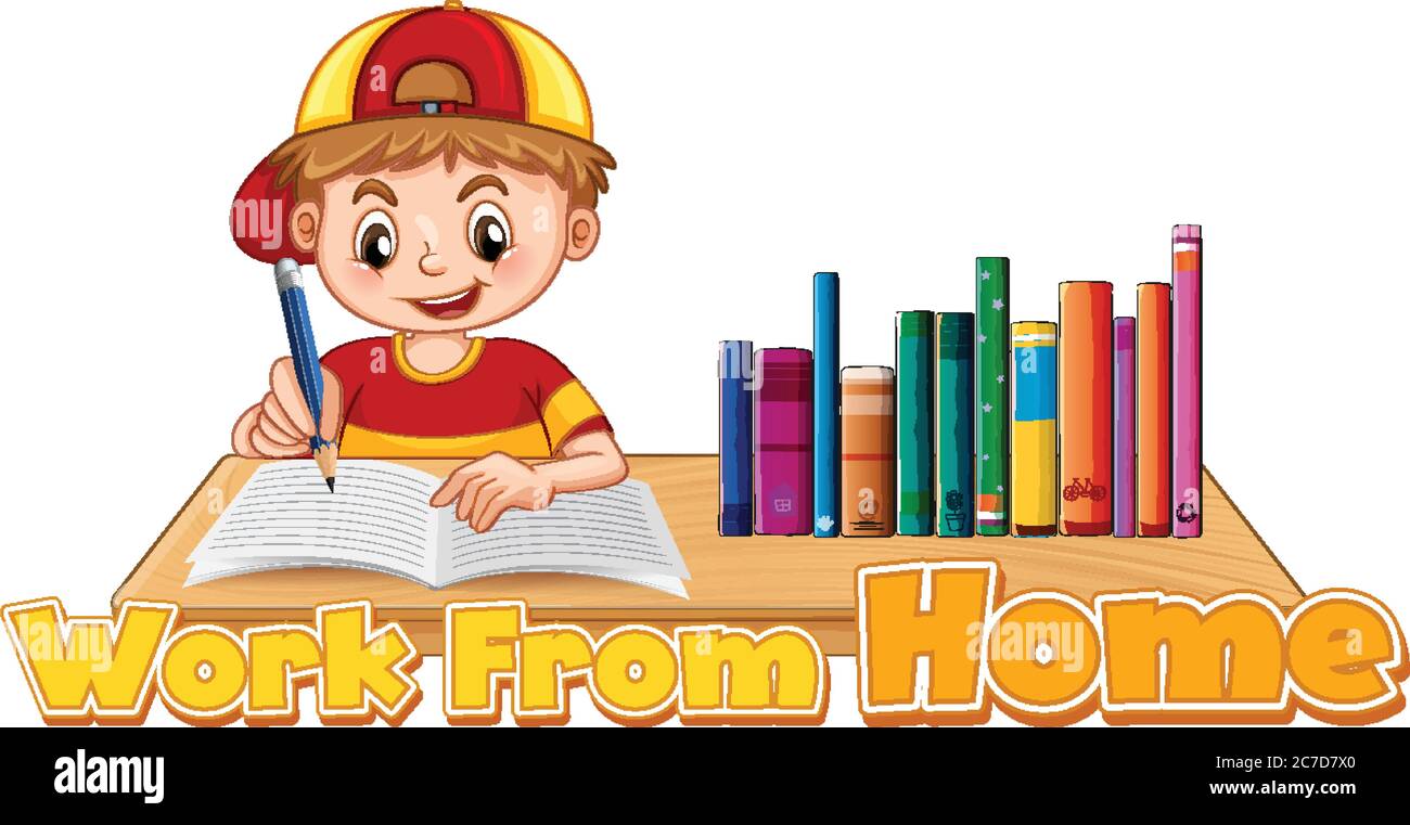 Work from home theme with boy doing homework illustration Stock Vector ...