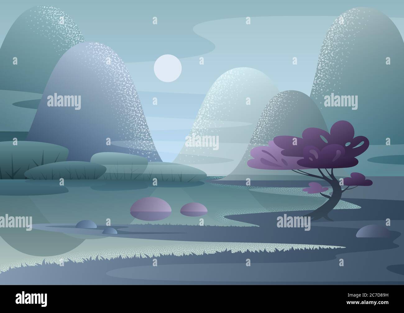 Cartoon fantasy foggy morning Japanese landscape of beautiful fabulous ...