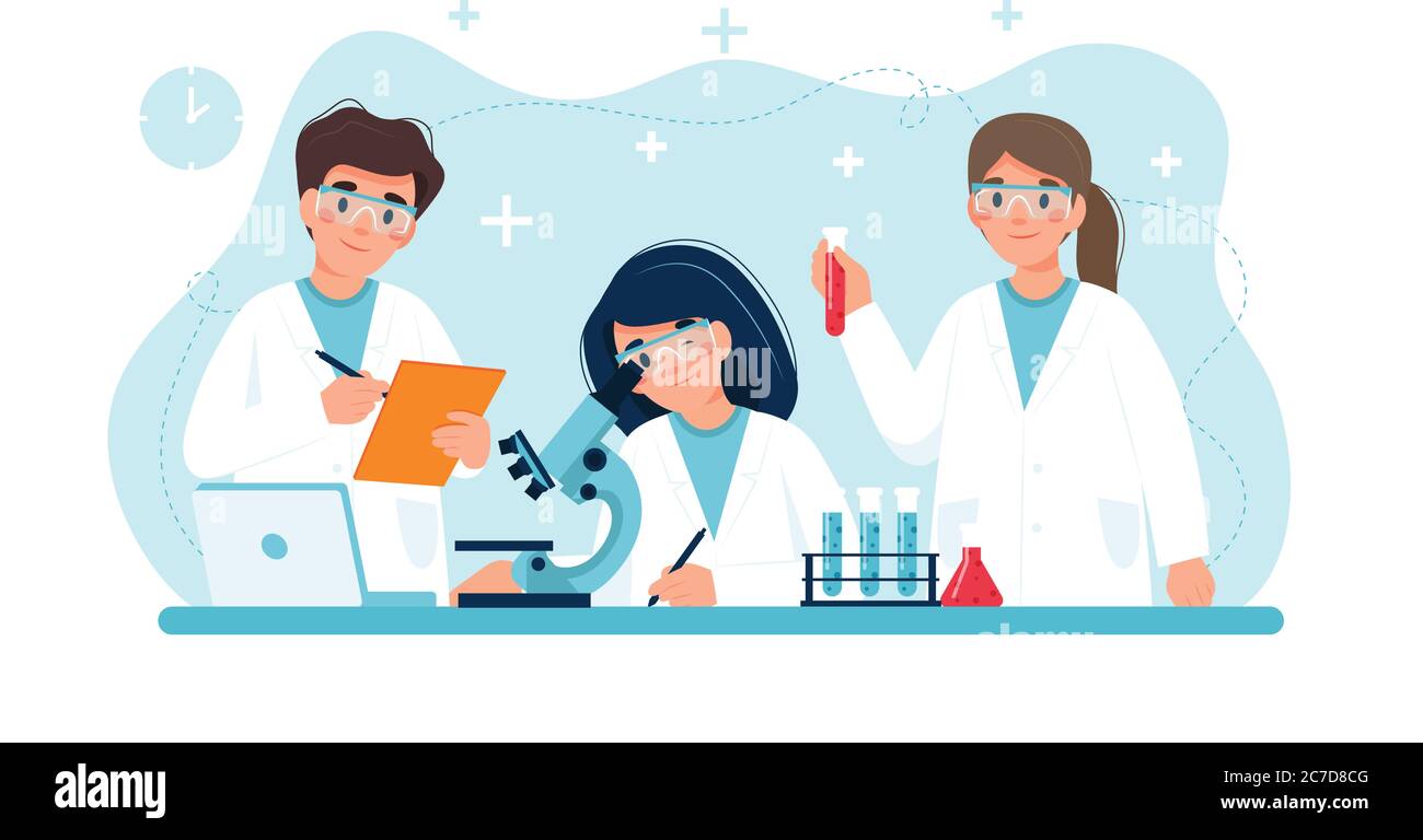 Scientist At Work Characters Conducting Experiments In Lab Vector Illustration In Flat Style