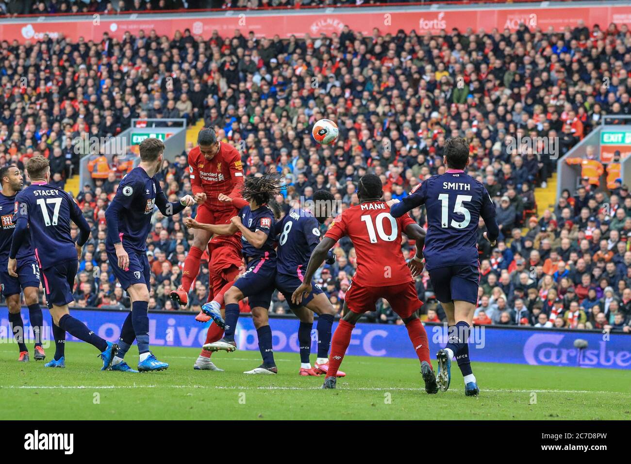 Virgil van Dijk (4) of Liverpool heads on goal from a corner Stock ...