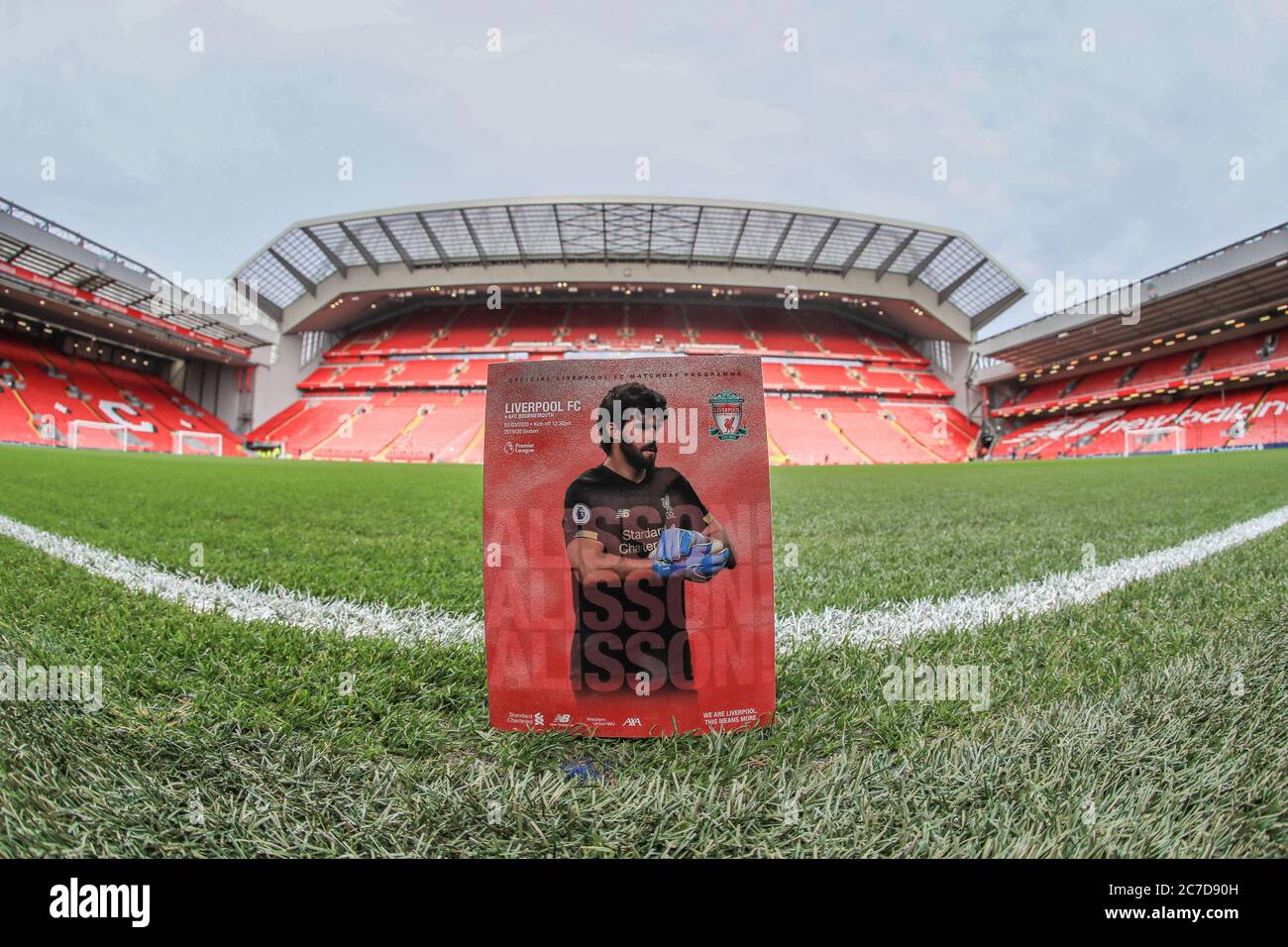 A general view of Anfield and todays match day program with Alisson (1 ...