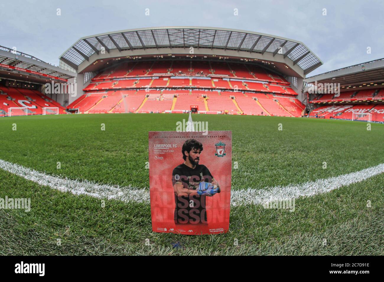 a general view of Anfield and todays match day program with Alisson (1 ...