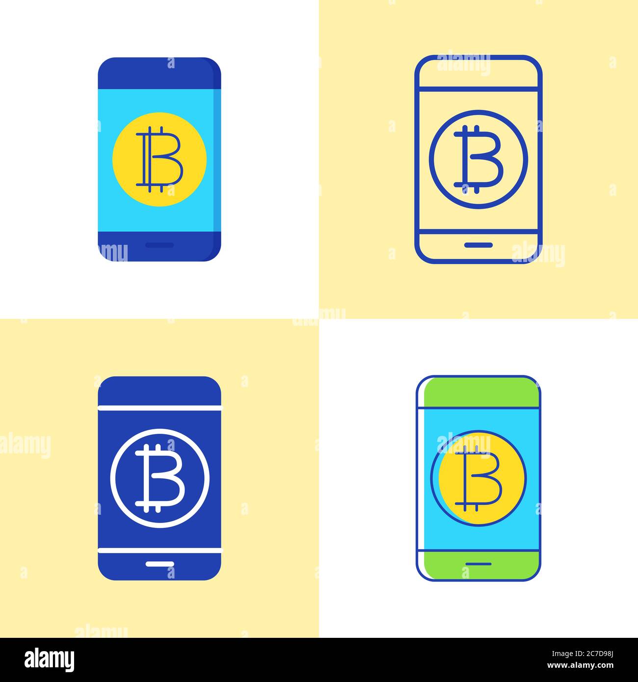 Smartphone with bitcoin symbol icon set in flat and line style. Digital ...