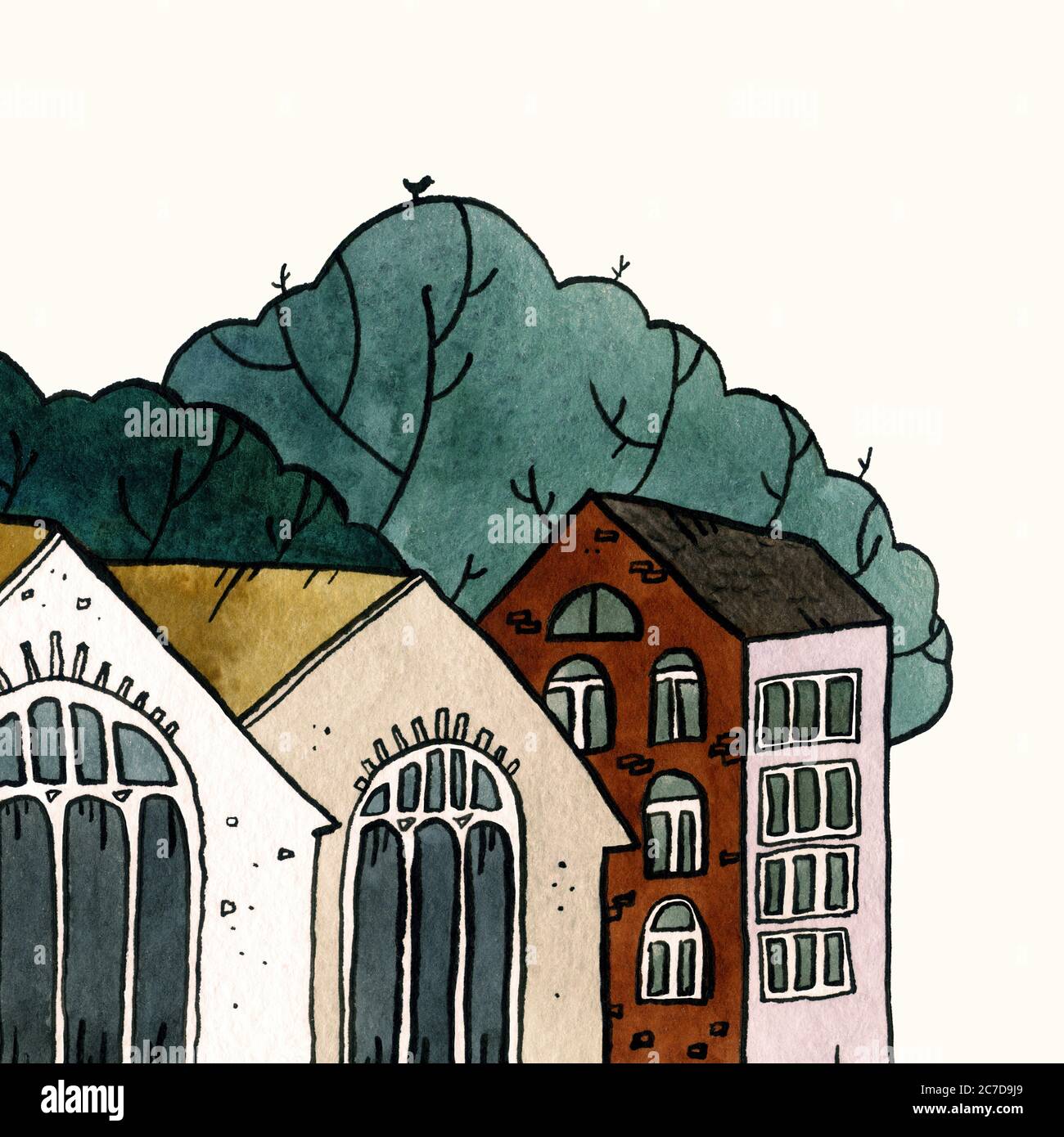 Cityscape old town hand drawn watercolor illustration. Old city ...