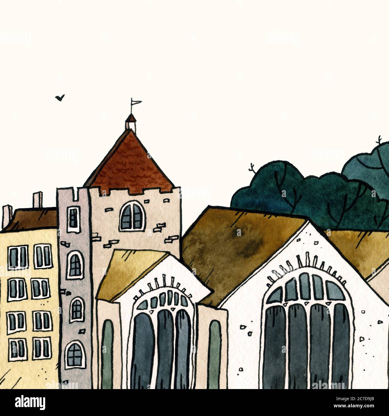 Cityscape old town hand drawn watercolor illustration. Old city ...