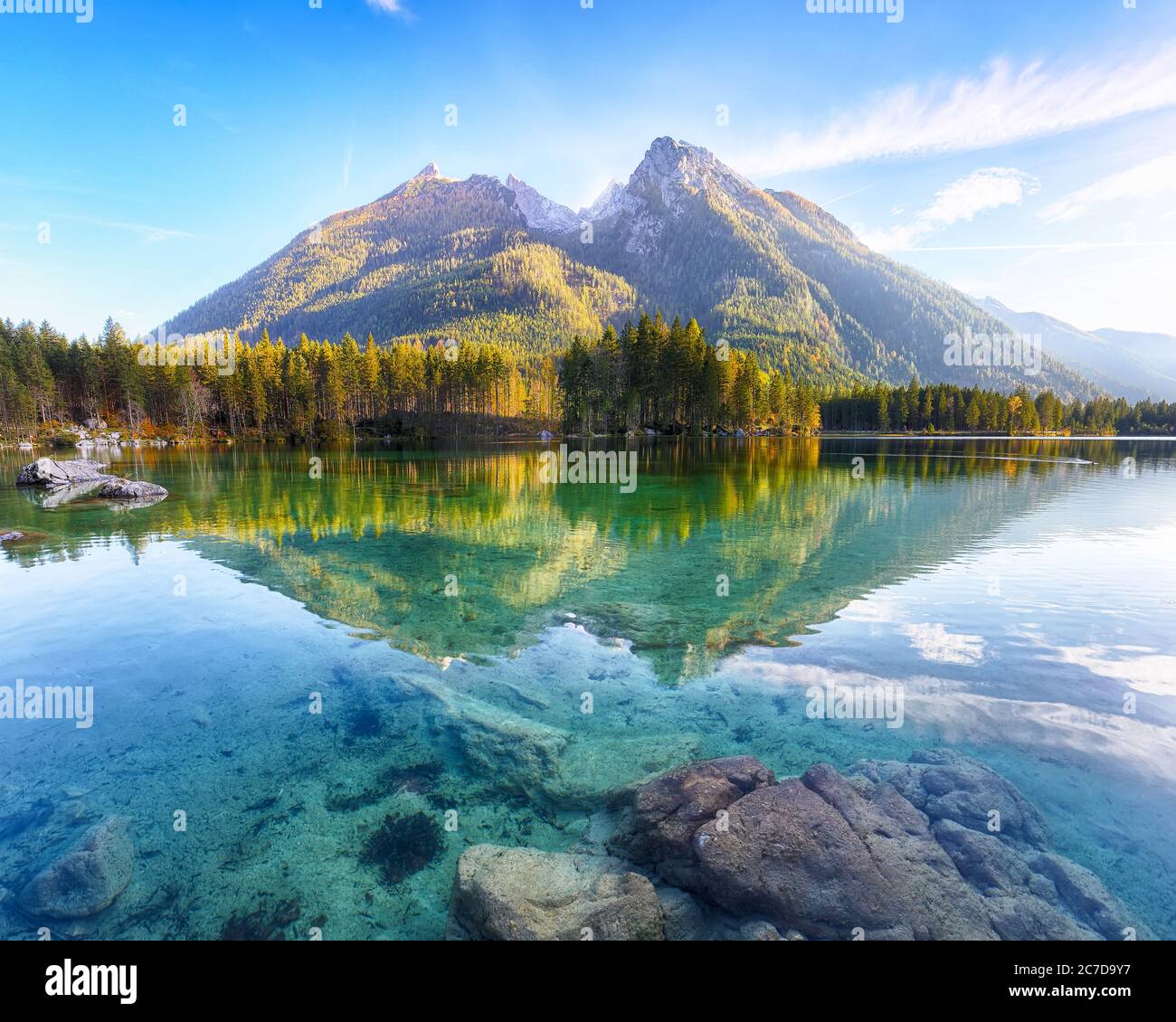 Fantastic autumn sunset of Hintersee lake. Beautiful scene of trees ...