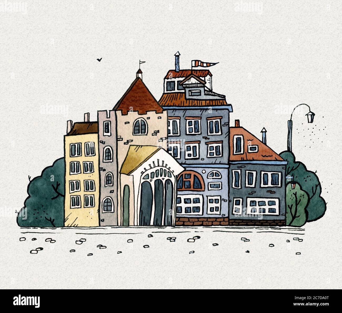 Cityscape old town hand drawn watercolor illustration. Old city ...