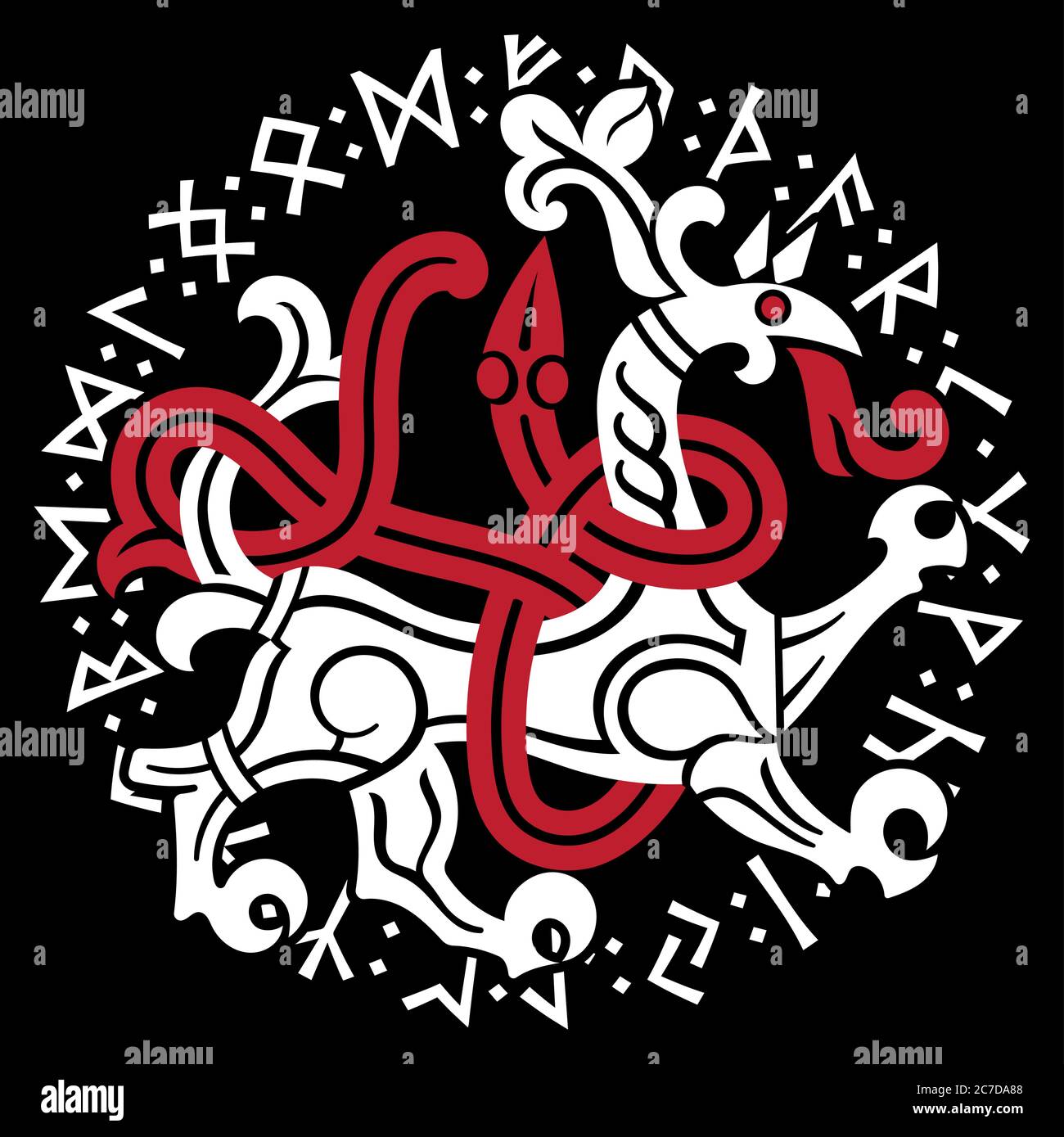 Old Norse design. Dragon in a circle of ancient Scandinavian runes ...