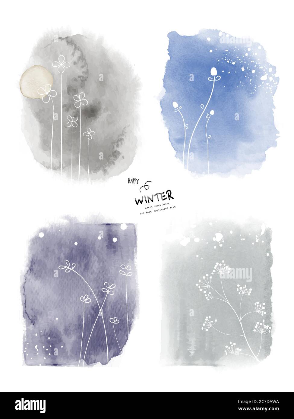 Set of art 4 Seasons watercolor and doodle hand-painted. Suitable for ...