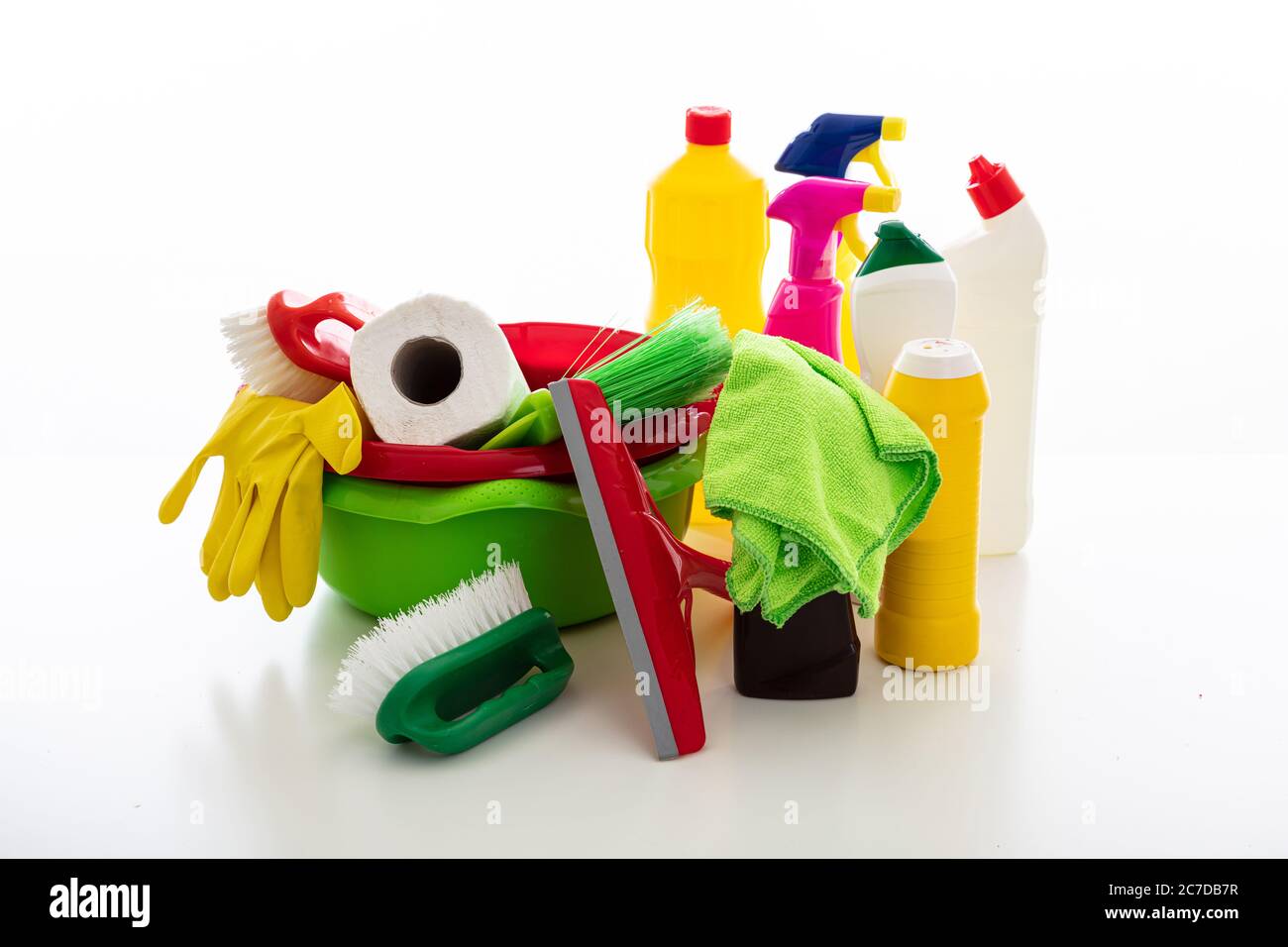Cleaning products isolated against white background. Plastic chemical ...
