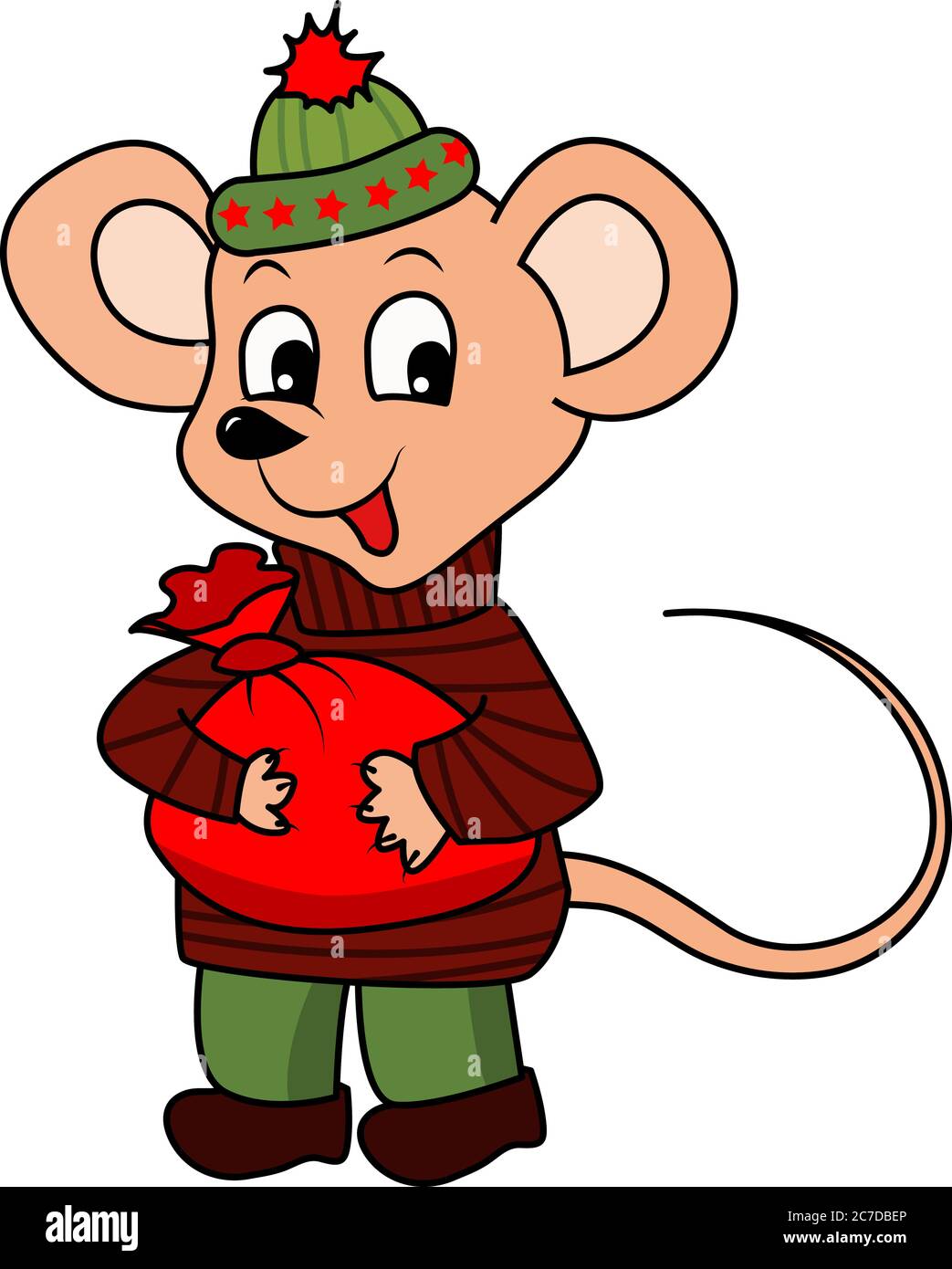 Cartoon mouse with gift red bag. Mouse in a green cap Burgundy sweater ...
