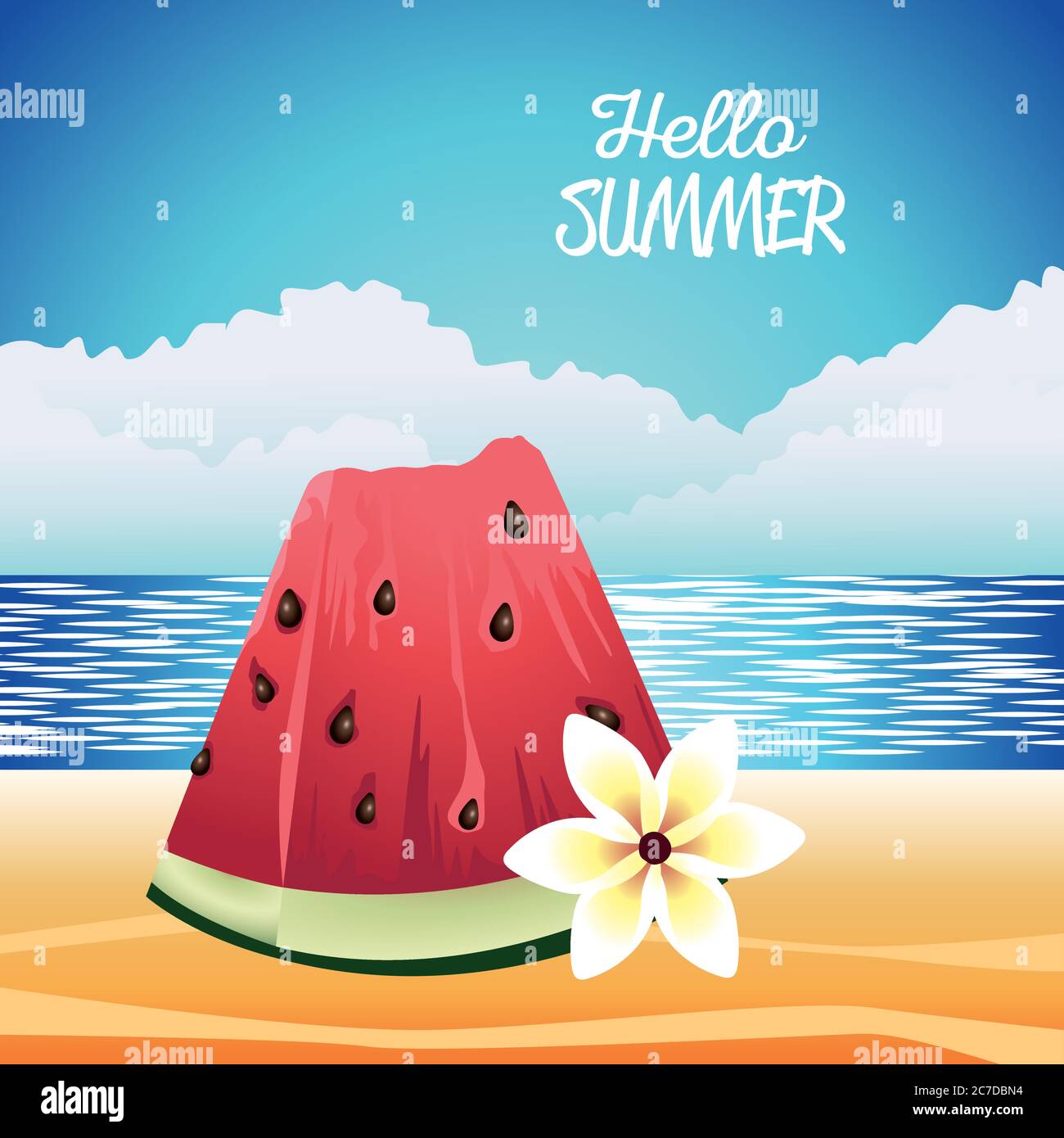 hello summer seasonal scene with watermelon and flower vector ...