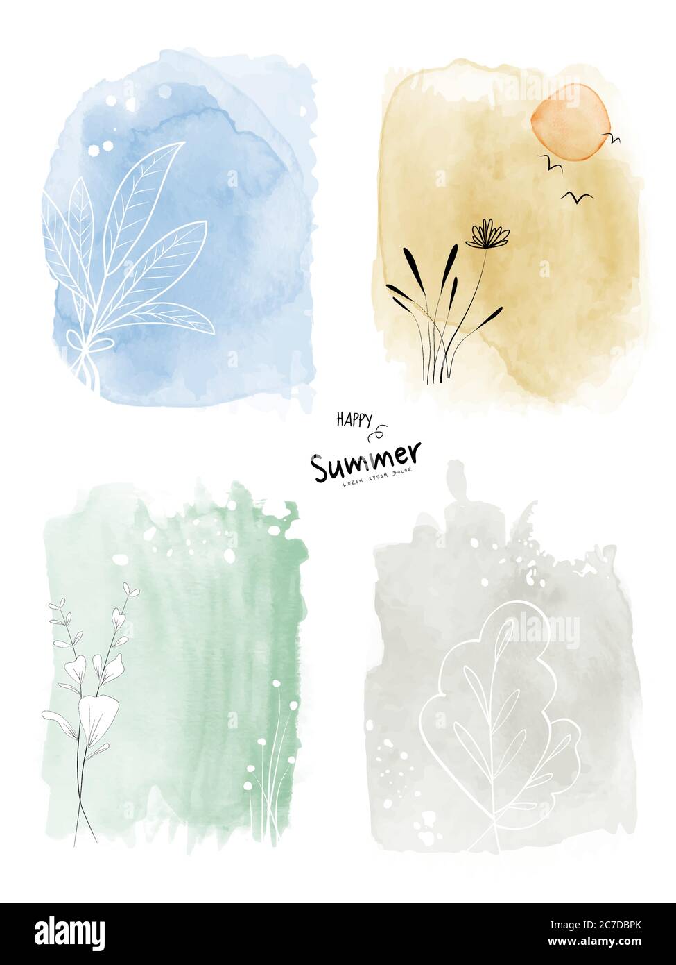 Set of art 4 Seasons watercolor and doodle hand-painted. Suitable for ...