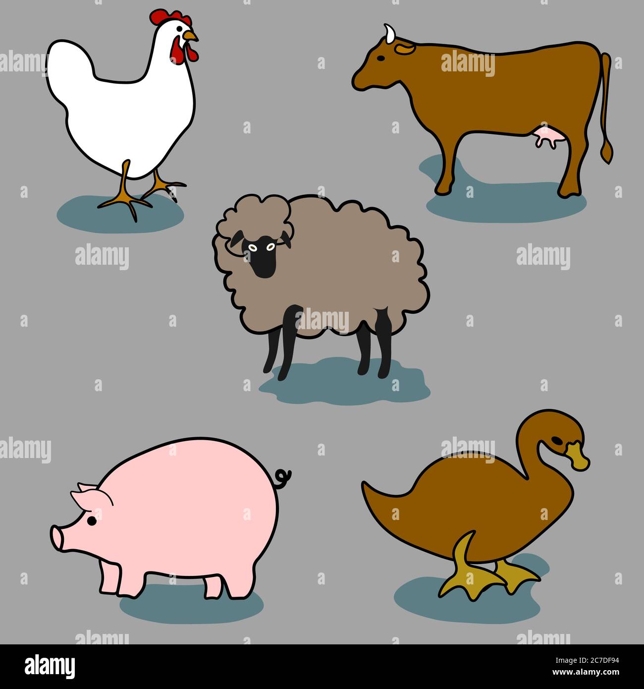 chicken sheep cow pig duck simple to edit pattern hand drown Stock ...