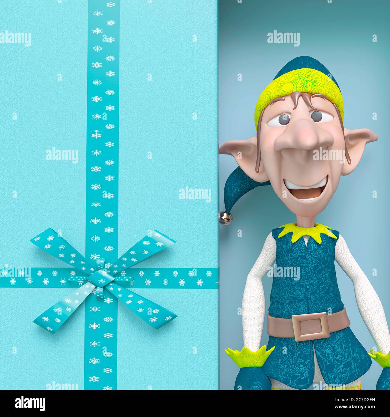 elf santa helper is in the box close up, 3d illustration Stock Photo ...