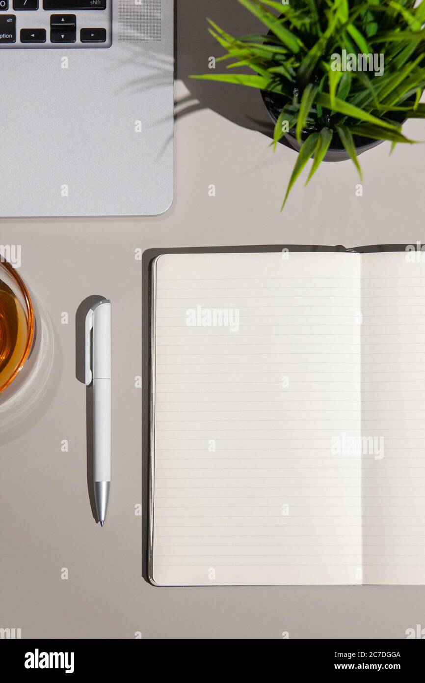 Light office desk table with laptop and supplies with blank notebook ...