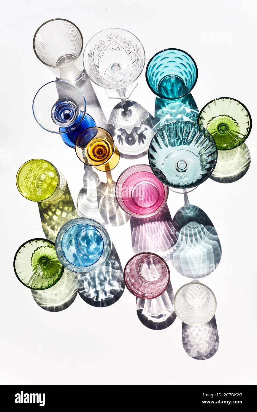 Colored glasses and shadows background. Summer party concept. Minimal ...