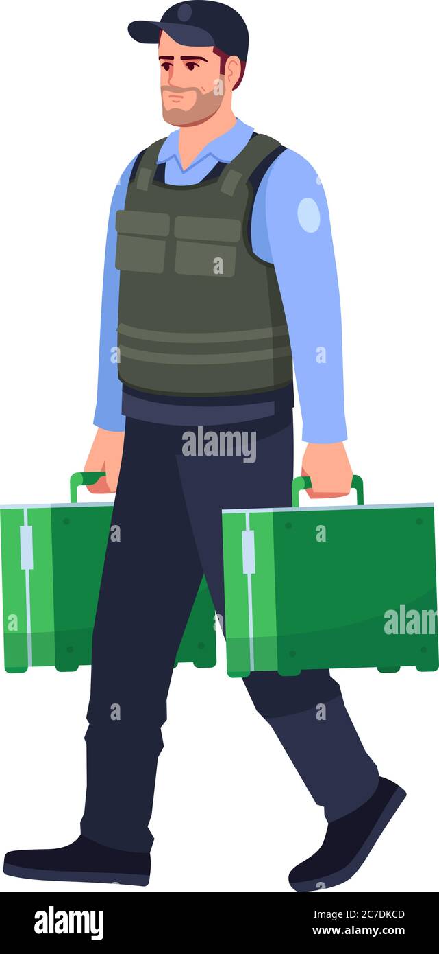 Guard with briefcase semi flat RGB color vector illustration. Man in ...