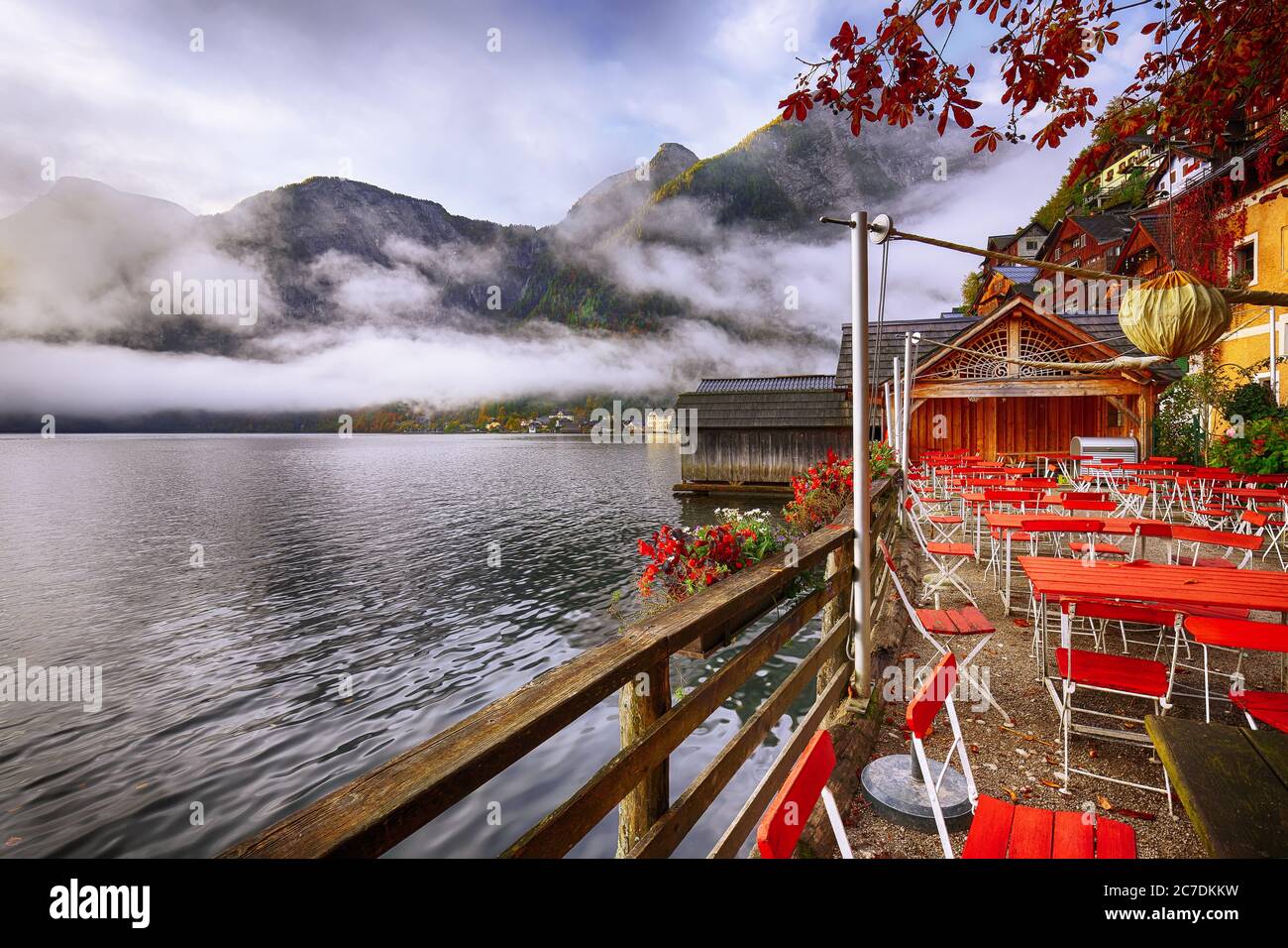 Scenic view of famous Hallstatter lake. Foggy autumn sunrise at Small ...