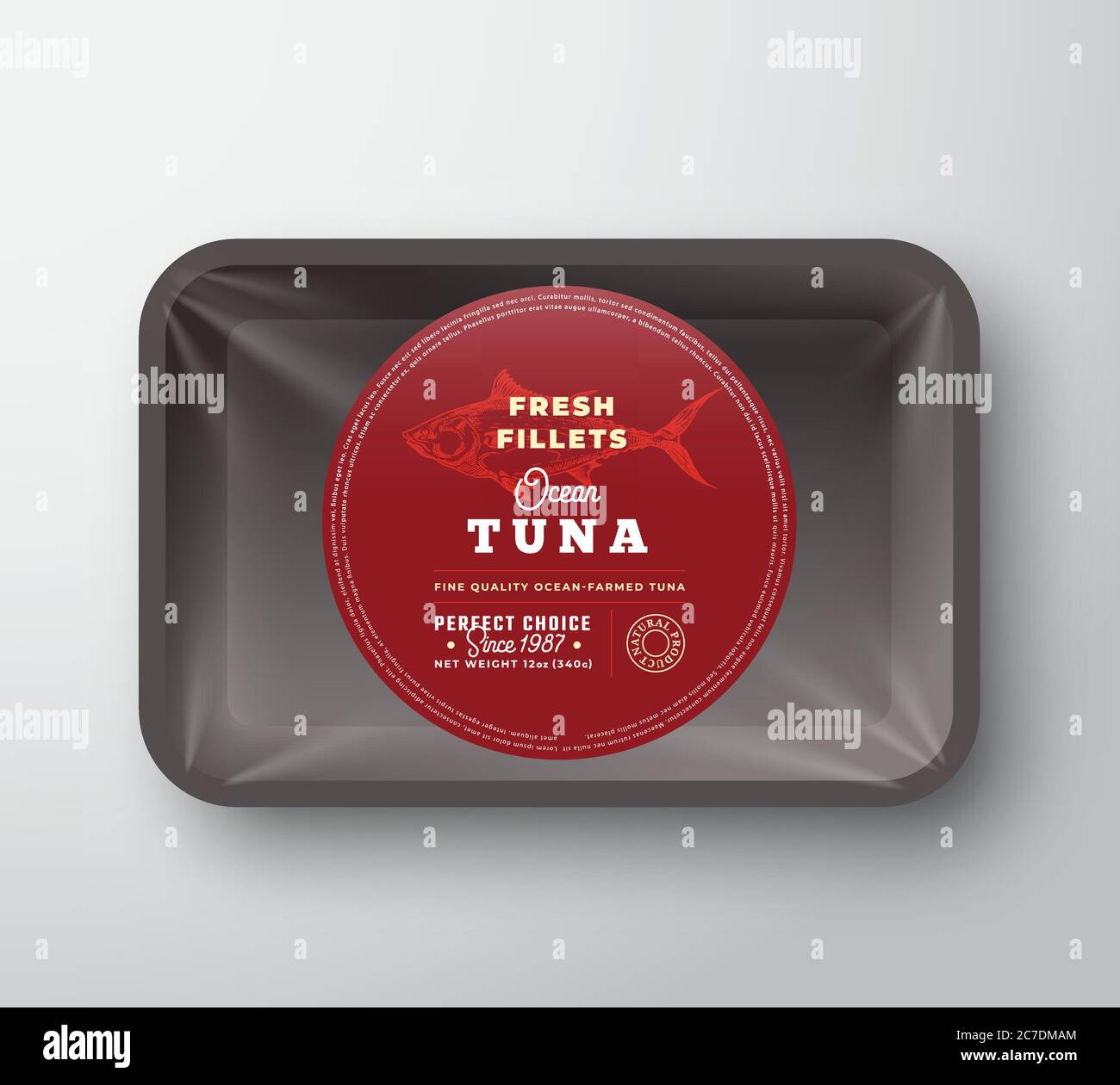 Ocean Tuna Fillets. Abstract Vector Fish Plastic Tray with Cellophane ...