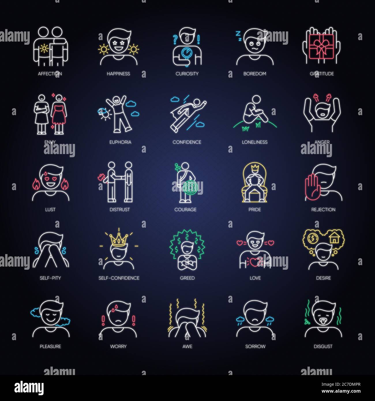 Human feelings neon light icons set. Positive and negative emotions ...