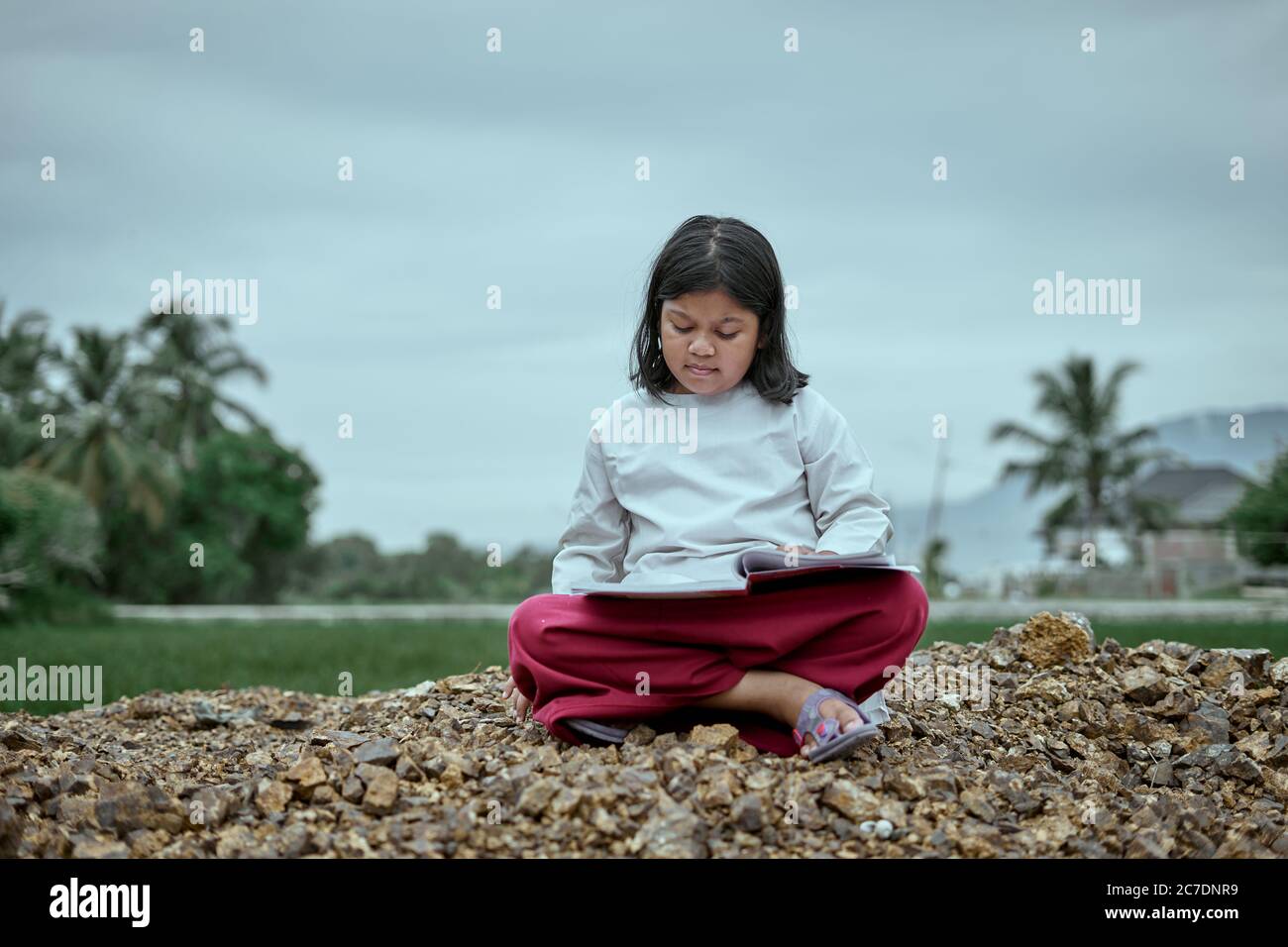 Asian Girls in school uniform study in rice field, New Normal for ...