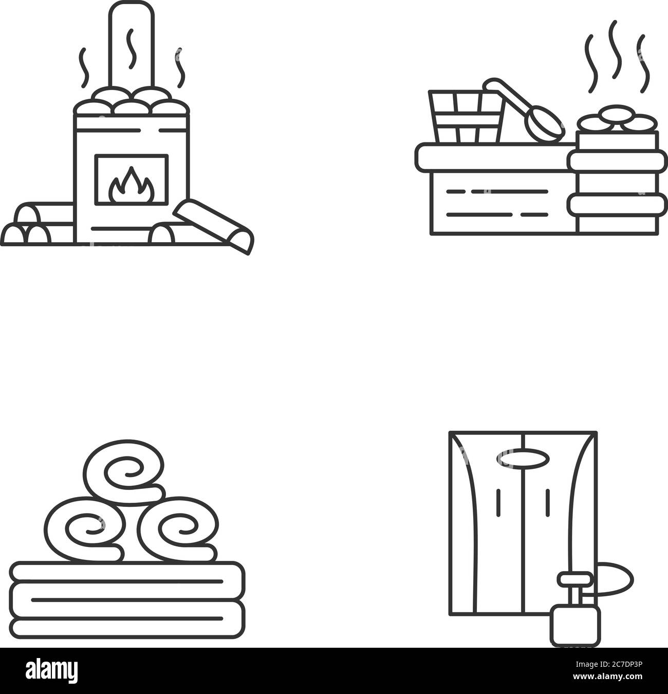 Modern saunas pixel perfect linear icons set. Bathhouse, vaporarium ...