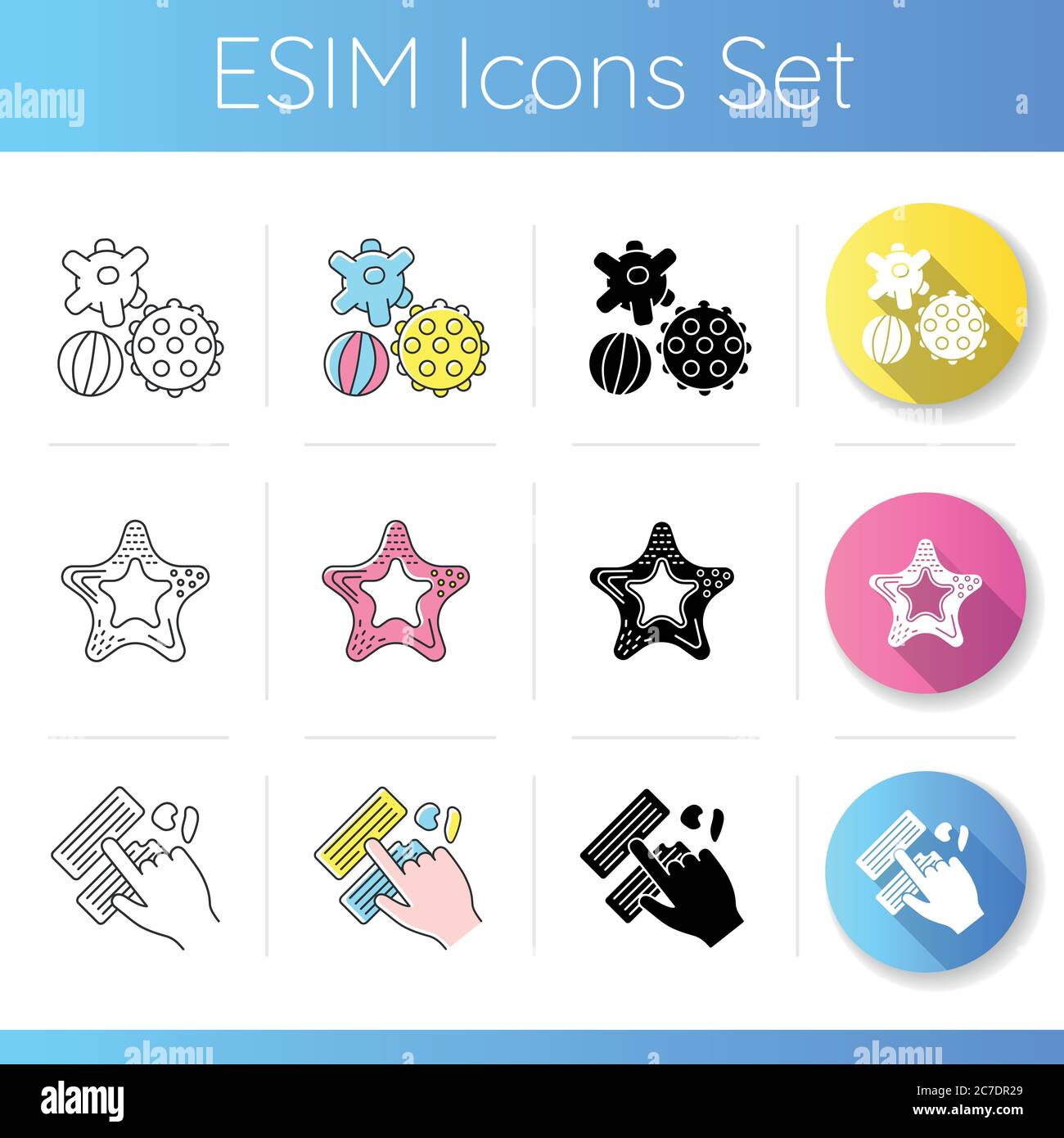 Sensory toys icons set. Tactile and spiky balls. Modeling clay. Early ...