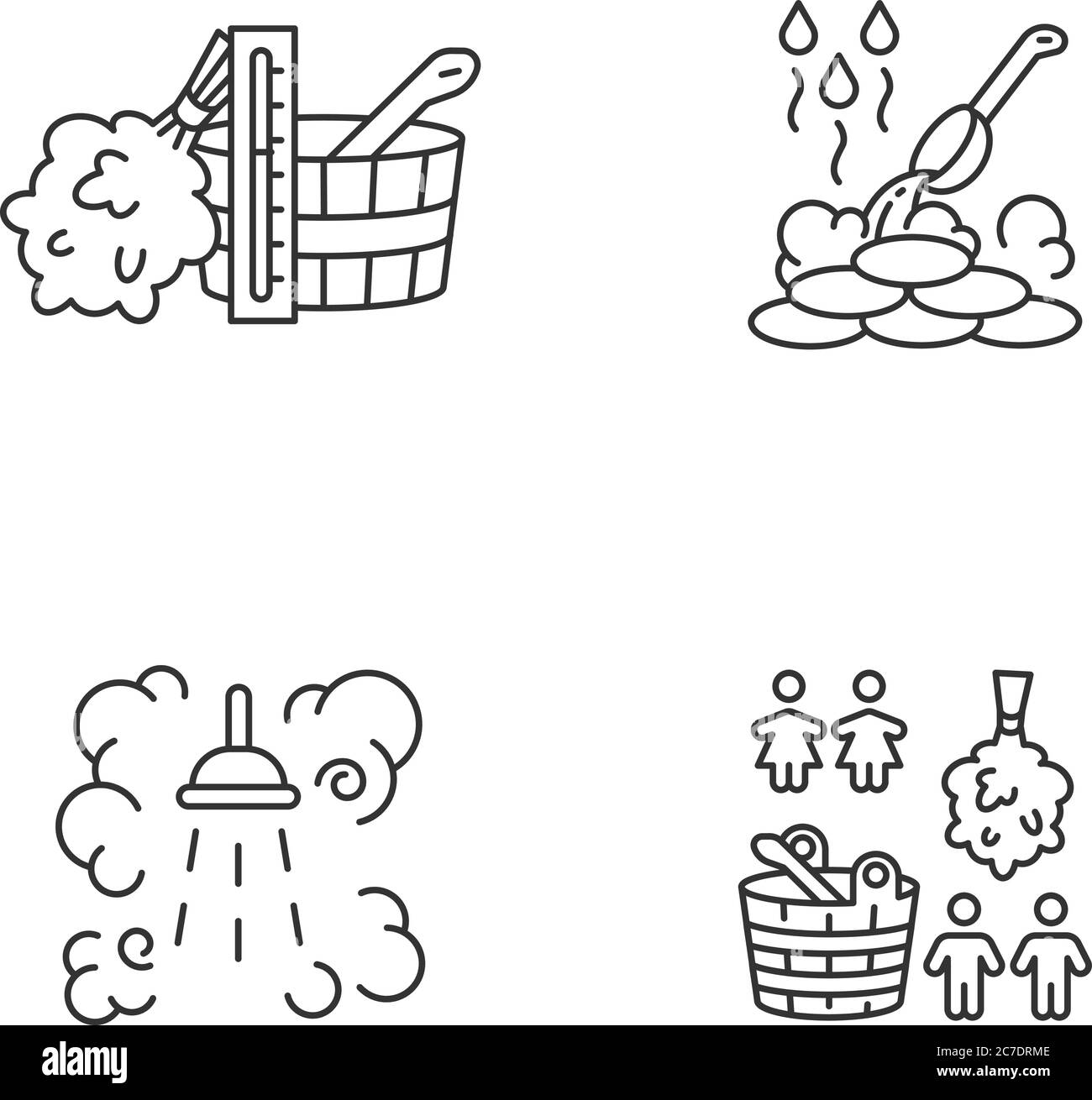 Sauna culture pixel perfect linear icons set. Finnish and russian ...
