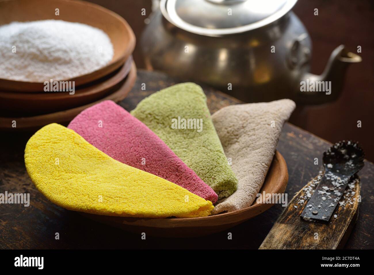Brazilian cuisine. Colorful tapioca. The colors come from natural dyes ...
