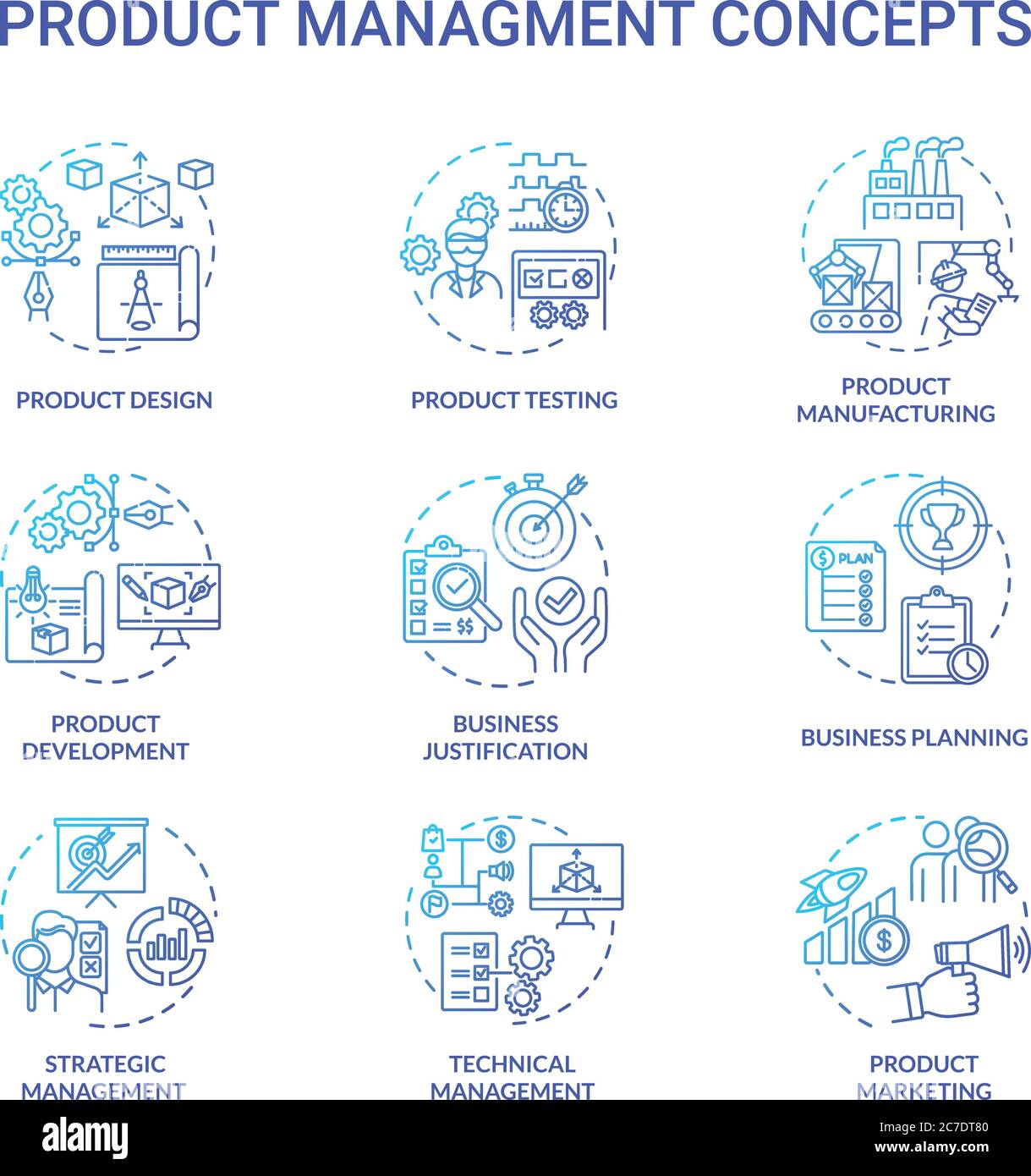 Product management blue gradient concept icons set. Marketing strategy ...