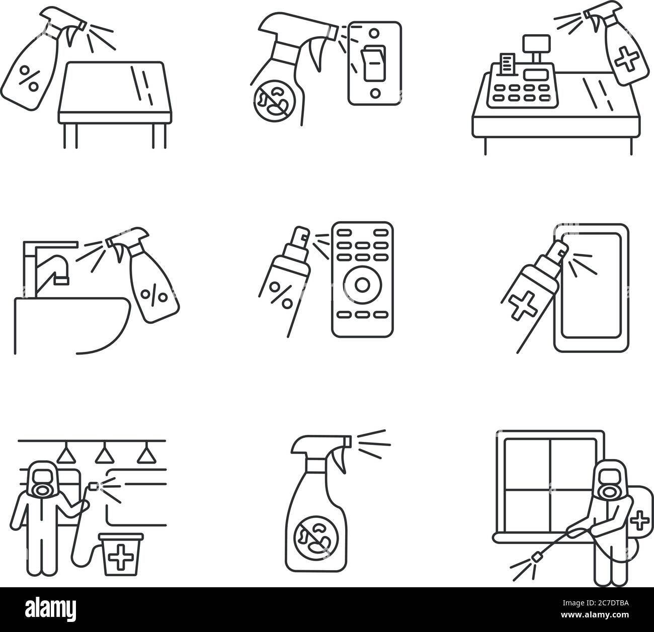 Decontamination pixel perfect linear icons set. Professional sanitary ...