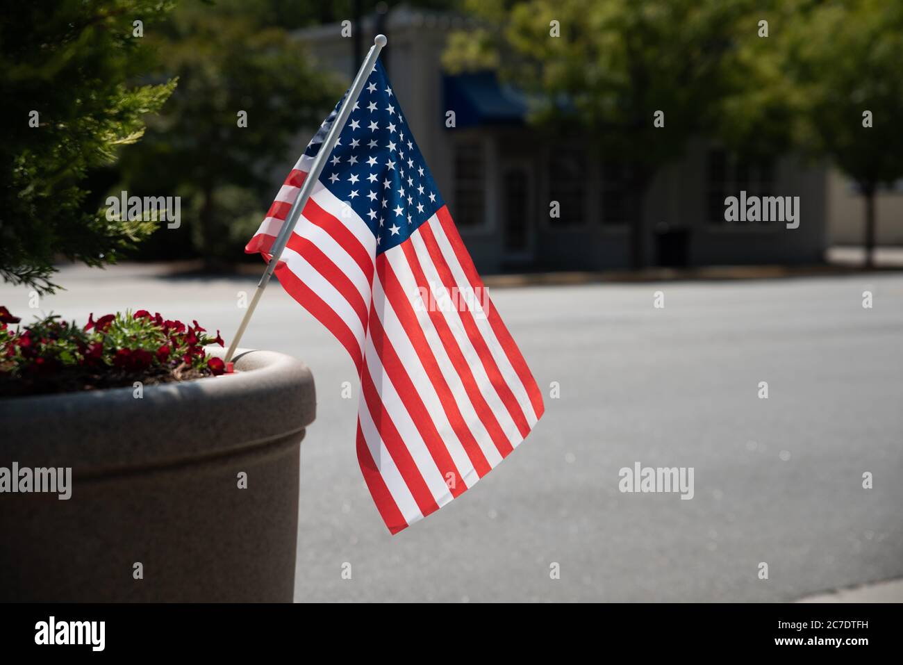 Small American Flag along a parade route in a small community Stock ...