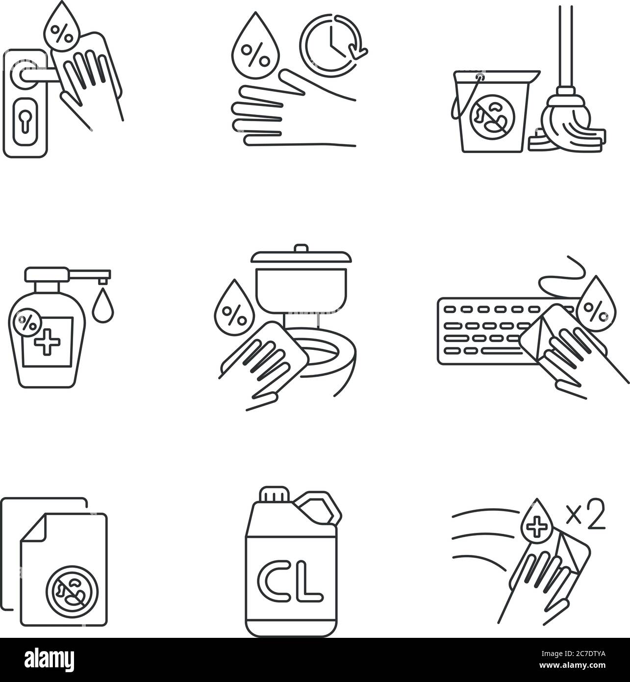 Sanitation pixel perfect linear icons set. Antibacterial wipes and ...